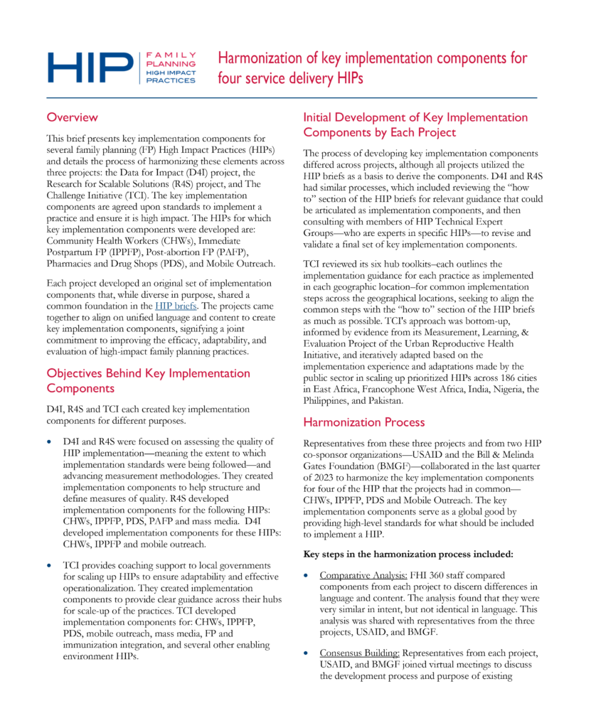 Harmonization of key implementation components for four service delivery HIPs - HIPs